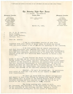 Letter from Saturday Night Open Forum to W. E. B. Du Bois - Digital ...
