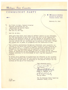 Letter from Michigan State Committee Communist Party to W. E. B. Du ...