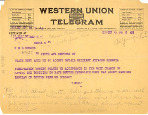 Telegram from Charles Young to W. E. B. Du Bois - Digital Commonwealth