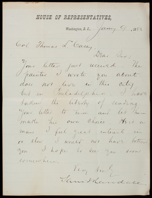 [Samuel] J. Randall to Thomas Lincoln Casey, January 9, 1880 (2 ...