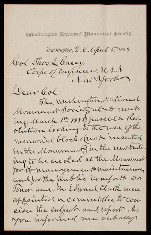 Horatio King to Thomas Lincoln Casey, April 5, 1888 - Digital Commonwealth