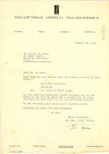 Letter from Paul List Verlag to W. E. B. Du Bois - Digital Commonwealth