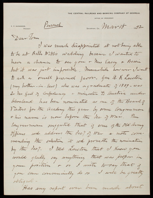 [Edward Porter] Alexander to Thomas Lincoln Casey, March 18, 1892 ...