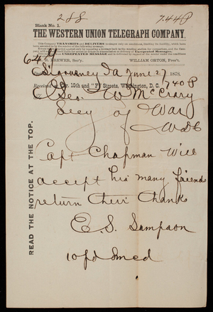 E. S. Sampson to [George] McCrary, June 27, 1878 - Digital Commonwealth