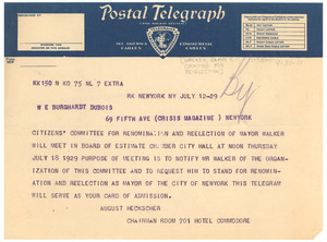 Telegram from Citizens Committee for the Re-election of Mayor James ...