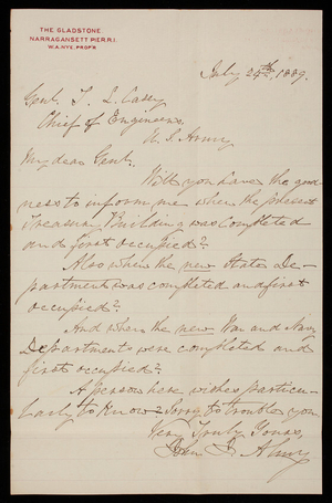 John J. Almy to Thomas Lincoln Casey, July 24, 1889 - Digital Commonwealth
