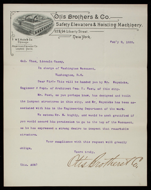 Otis Brothers to Thomas Lincoln Casey, February 9, 1885 - Digital ...