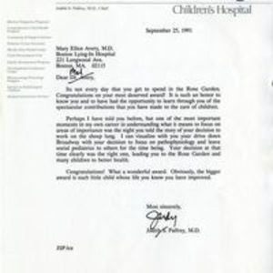 Letter of congratulations from Judith Palfrey, M.D., to Mary Ellen ...