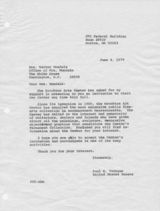 Letter to Mrs. Walter Mondale from Paul E. Tsongas - Digital Commonwealth