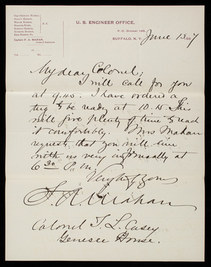Captain [Frederick] A. Mahan to Thomas Lincoln Casey, June 13, 1887 ...