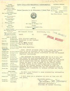 Letter from NAACP New England Regional Conference to Blanche Hamilton ...