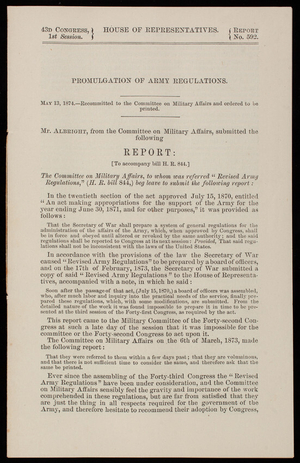 Promulgation of Army Regulations, May 13, 1874, report - Digital ...