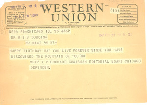 Telegram from Metz T. P. Lochard to W. E. B. Du Bois - Digital Commonwealth