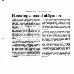 Facsimile of Boston Globe article, Honoring a moral obligation ...