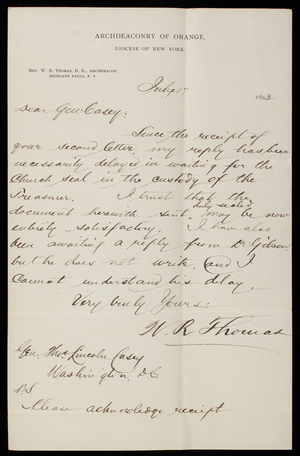 W. R. Thomas to Thomas Lincoln Casey, July 17, 1893 - Digital Commonwealth