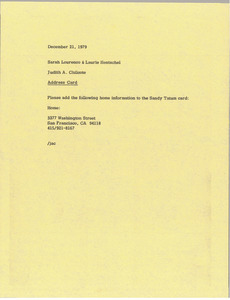 Memorandum from Judith A. Chilcote to Sarah Lourenco and Laurie ...