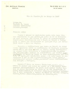 Letter from Arthur Ramos to Rayford W. Logan - Digital Commonwealth