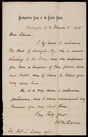 Colonel [John] M. Bacon to Thomas Lincoln Casey, March 7, 1879 ...