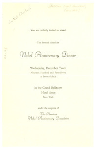 Nobel anniversary dinner invitation - Digital Commonwealth