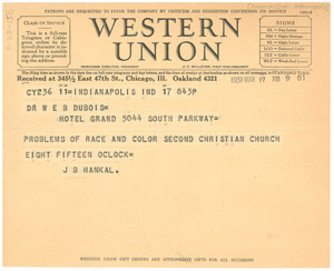 Telegram from Research Club of Indianapolis to W. E. B. Du Bois ...