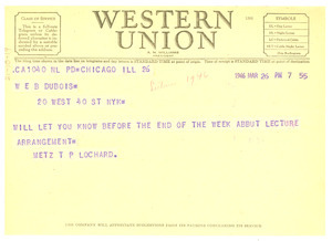 Telegram from Metz T. P. Lochard to W. E. B. Du Bois - Digital Commonwealth