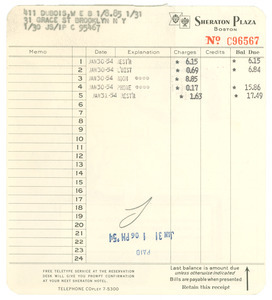 Invoice and receipt from Sheraton Plaza to W. E. B. Du Bois - Digital ...