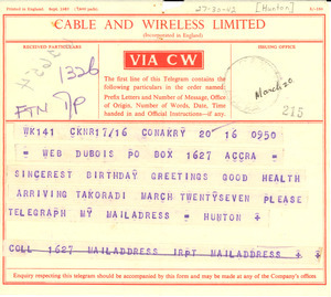 Telegram from W. Alphaeus Hunton to W. E. B. Du Bois - Digital Commonwealth