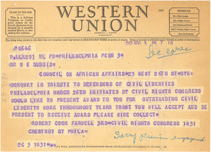 Telegram from Civil Rights Congress of Pennsylvania to W. E. B. Du Bois ...