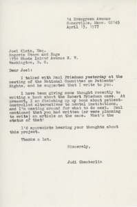Letter from Judi Chamberlin to Joel Klein - Digital Commonwealth