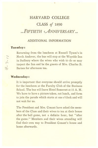 Harvard University class of 1890 reunion additional information ...