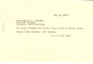 Telegram from W. E. B. Du Bois to Kittrell College - Digital Commonwealth