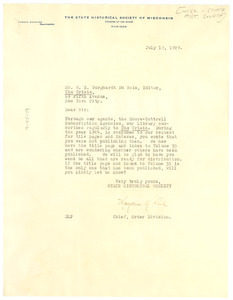 Letter from Wisconsin State Historical Society to W. E. B. Du Bois ...
