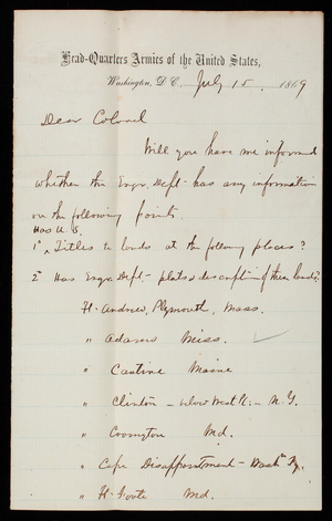 General [Charles] B. Comstock to Thomas Lincoln Casey, July 15, 1869 ...