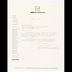 Letter from Ambrose Nangeroni to Mr. David Koven about Freedom House ...