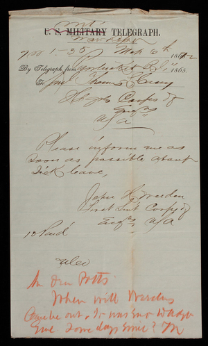 Lieutenant John H. Weeden to Thomas Lincoln Casey, March 6, 1872 ...