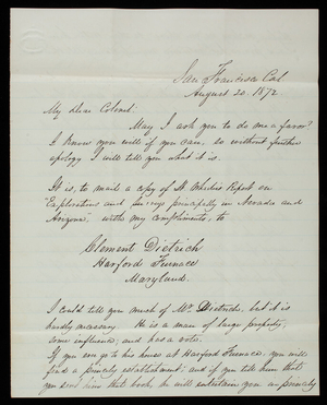 General [Barton] S. Alexander to Thomas Lincoln Casey, August 20, 1872 ...