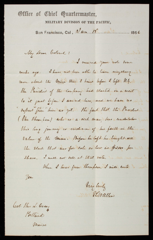 General Robert Allen to Thomas Lincoln Casey, January 18, 1866 ...