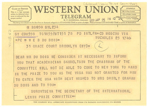 Telegram from International Institute for Peace to W. E. B. Du Bois ...