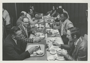 Springfield College faculty eating in cafeteria - Digital Commonwealth
