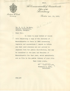Letter from Secretary of the Commonwealth of Massachusetts to W. E. B ...