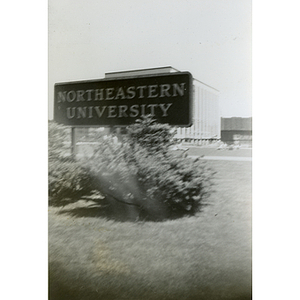 Northeastern University sign with shrubbery - Digital Commonwealth