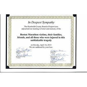 Memorial certificate from Humboldt County Board of Supervisors ...