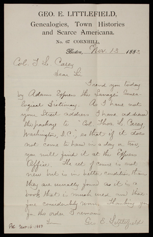 [George] E. Littlefield to Thomas Lincoln Casey, November 13, 1883 ...