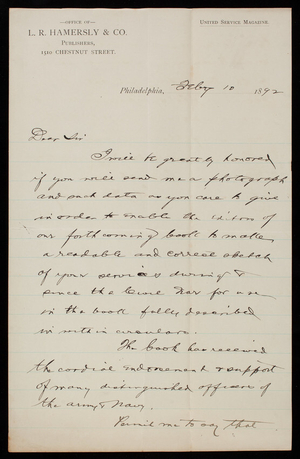 L. R. Hammersly to Thomas Lincoln Casey, February 10, 1892 - Digital ...