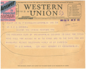 Telegram from Research Club of Indianapolis to W. E. B. Du Bois ...