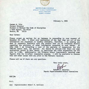 Letter from Robert S. Peterkin to Carmen Pola responding to her request ...