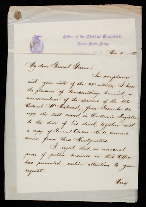 Office of the Chief of Engineers to General [George] Greene, November 1 ...