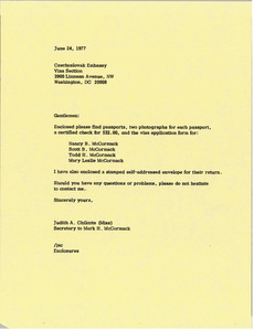 Letter from Judy A. Chilcote to Czechoslovakia Embassy - Digital ...