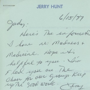 Note from Jerry Hunt to Judi Chamberlin - Digital Commonwealth