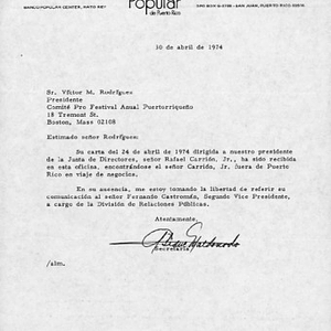Letter from the secretary of the Banco Popular in Puerto Rico to Victor ...